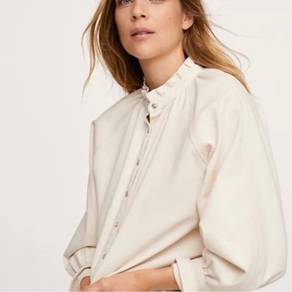 Mango | Tops | Mango Cotton Denim Cream Puff Sleeve Ruffle Neck Top ...